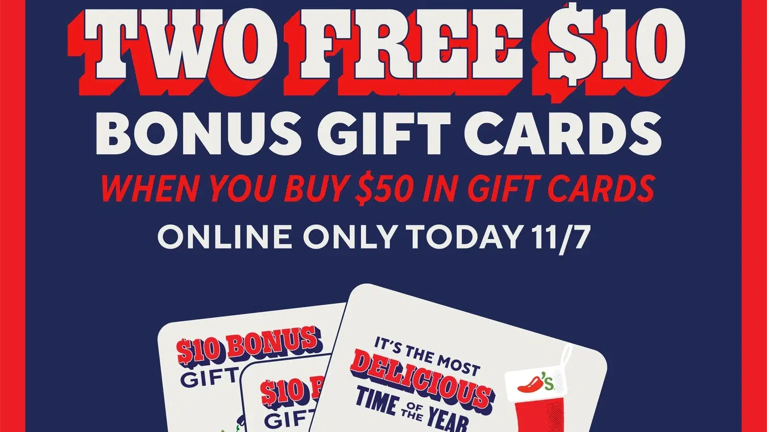 Buy $50 Chili's Gift Card, Get $20 in Bonus Cards (11/7 Only) - Danny ...