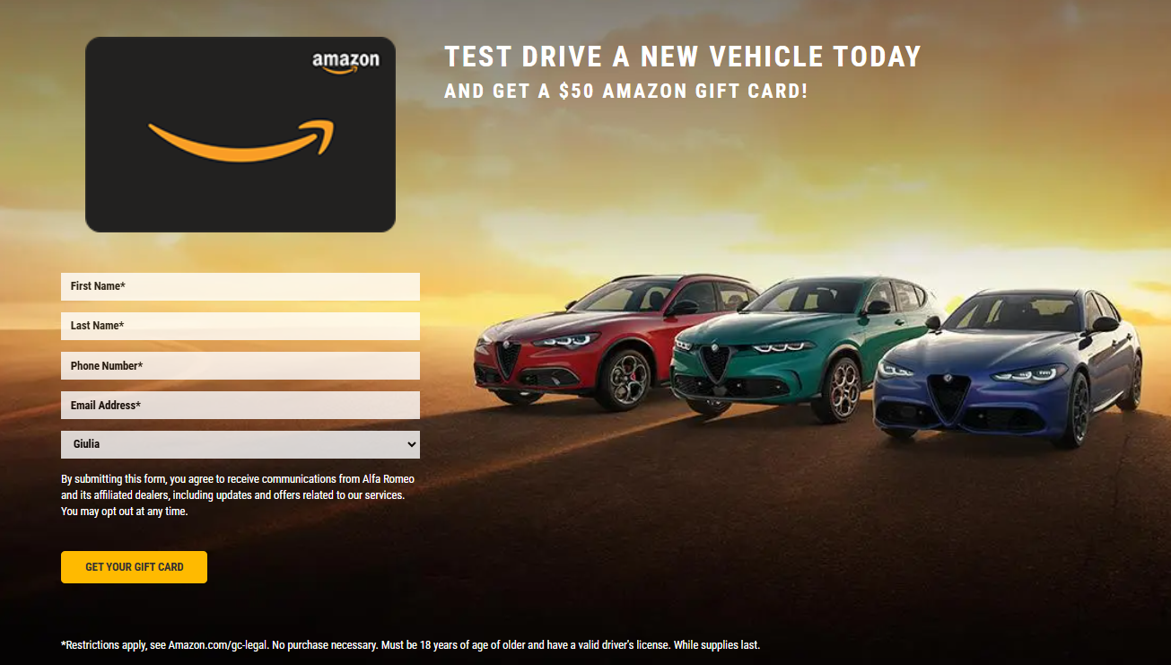 Test Drive an Alfa Romeo and Get $50 Amazon Gift Card - Danny the Deal Guru
